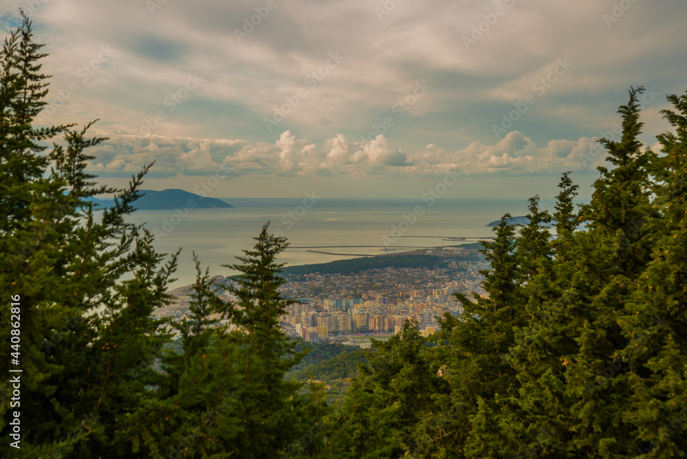 KANINE, ALBANIA: Top view of the city of Vlora from the ruins of Kanina ...