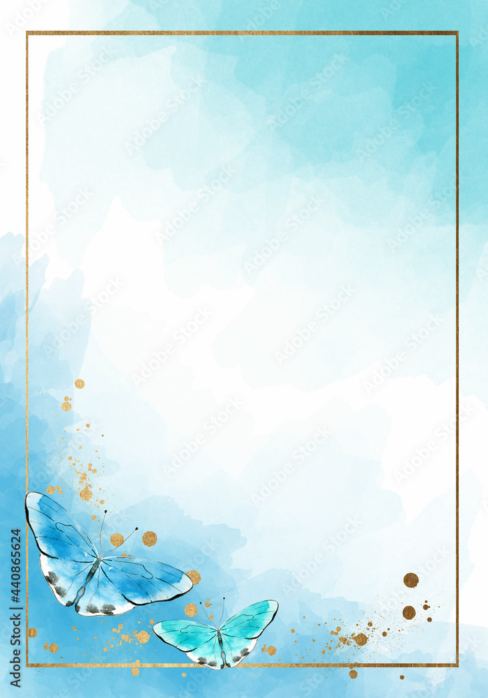 Abstract baby blue watercolor background with butterflies for ...