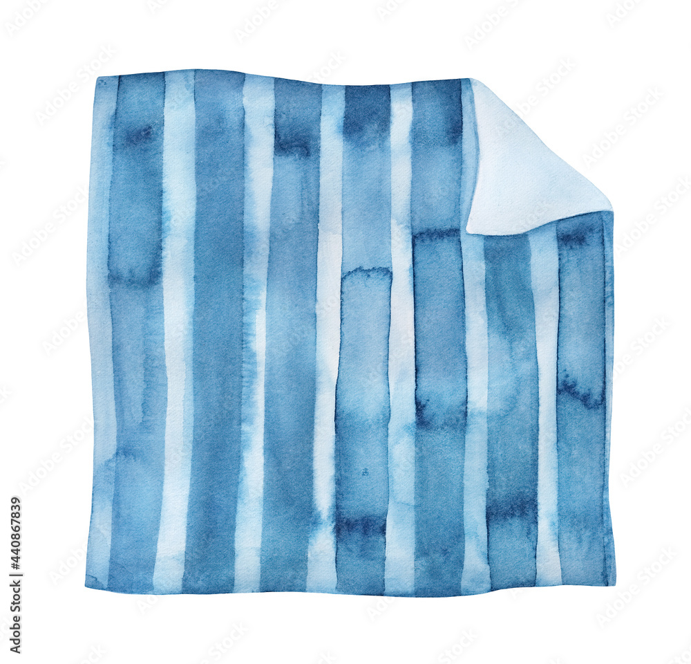 Watercolor sketch of large unfolded blanket with blue stripes pattern ...