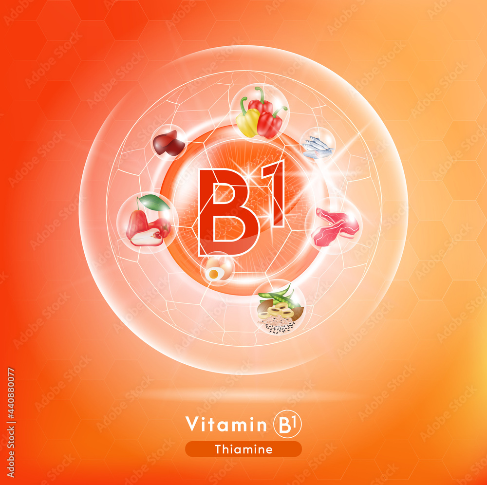 Vitamin B1. Medicine capsule, Orange substance. Fruits and vegetables ...