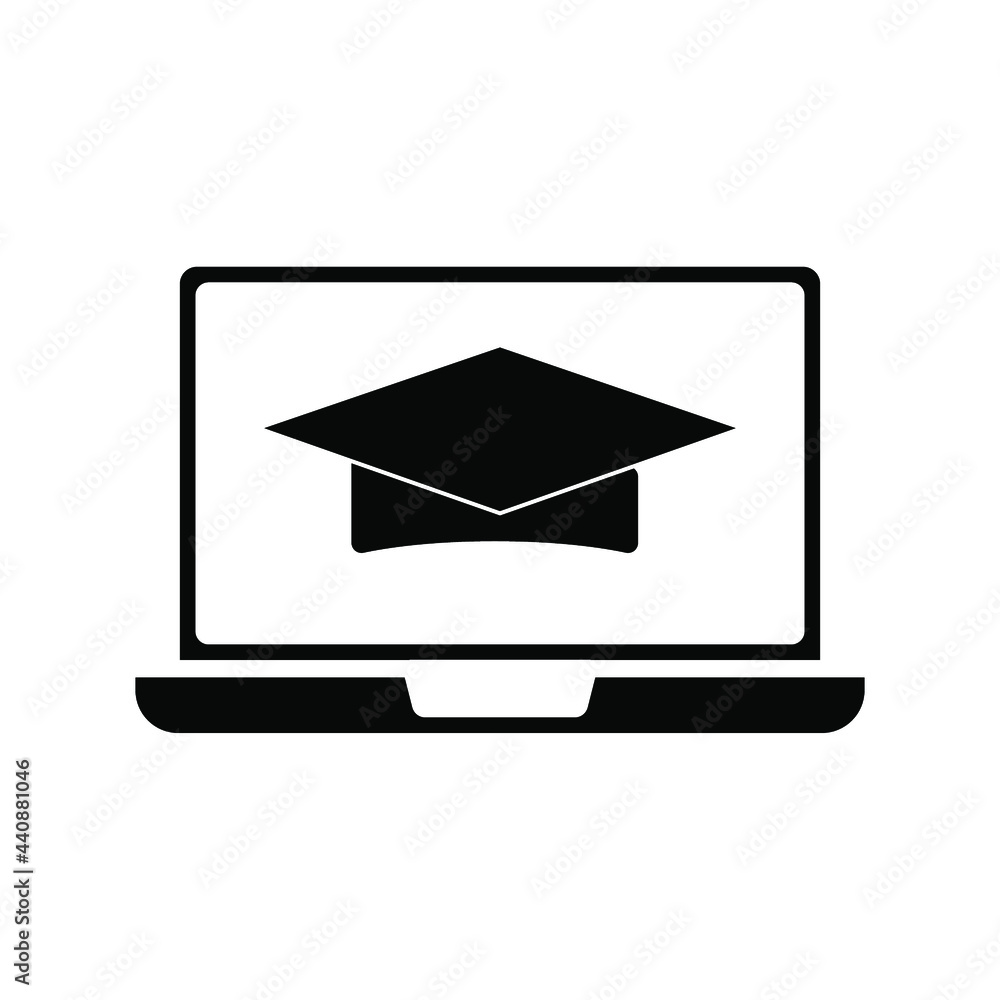 Laptop monitor with graduation cap or mortar board. isolated on blank ...