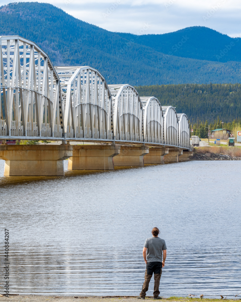 Large man made structure steel bridge spanning across Nisutlin Bay in ...