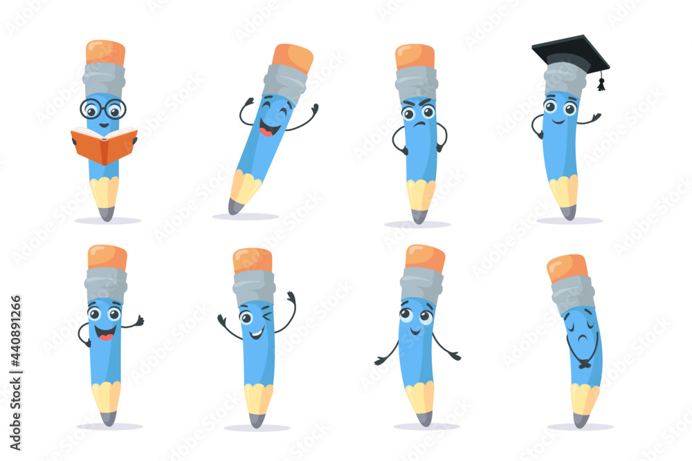 Funny pencil character vector illustrations set. Cute comic crayon with ...