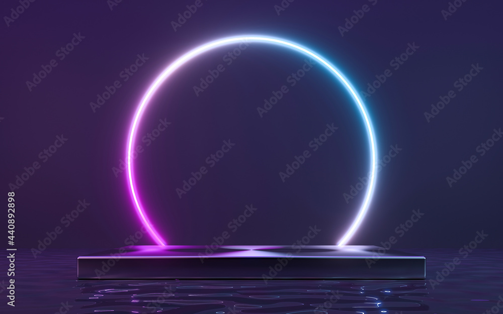Neon frame sign in the shape with podium and reflection in the water ...