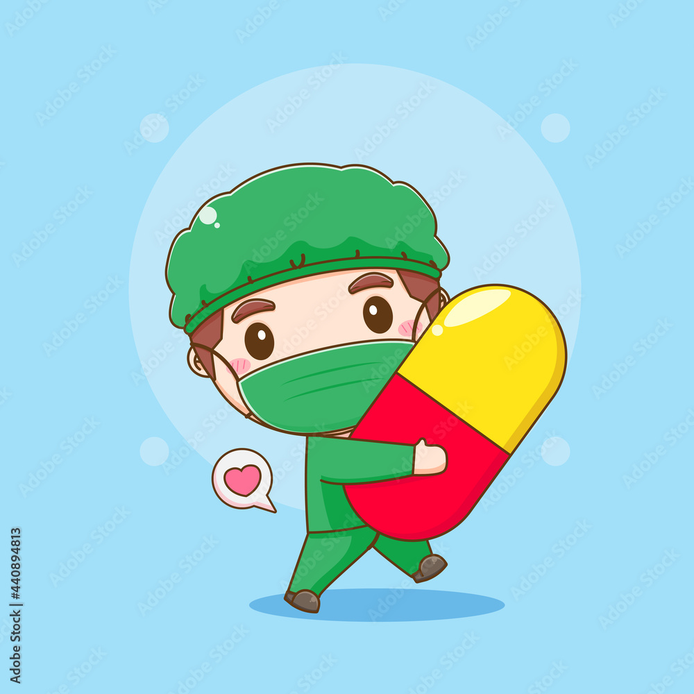 Cartoon illustration of cute doctor holding capsule pill. Chibi ...
