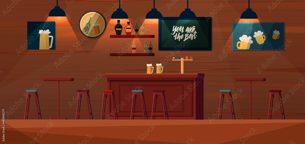 Beer bar cartoon vector interior. Bar counter, shelves with alcohol ...