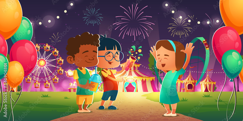 Kids in amusement park with circus, ferris wheel and roller coaster ...