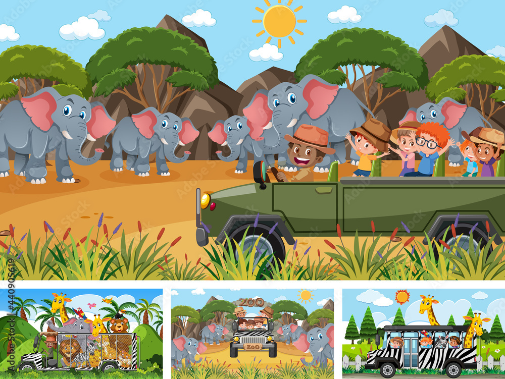 Four different zoo scenes with kids and animals Stock Vector | Adobe Stock