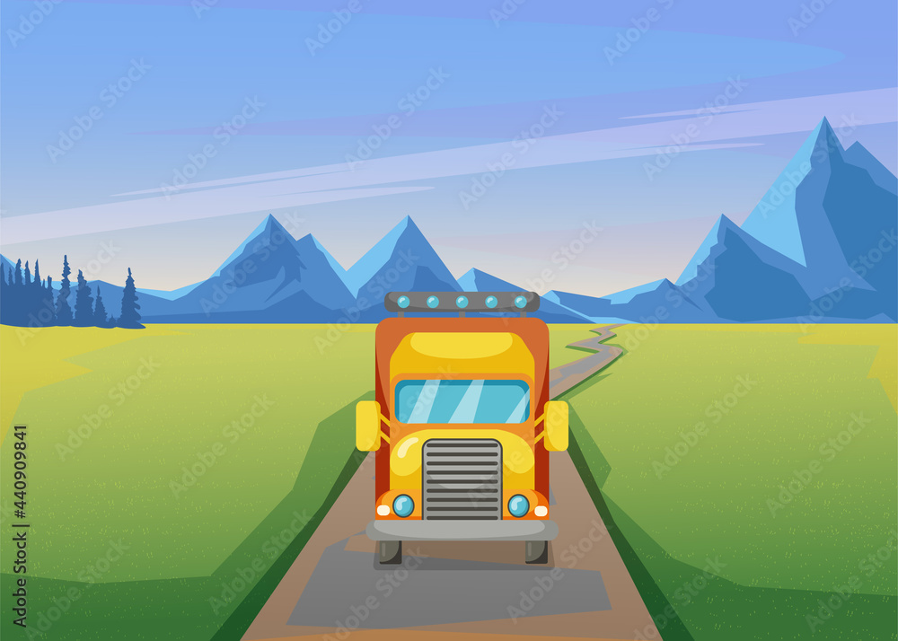 Front view of big truck driving down road through field. Vehicle on ...