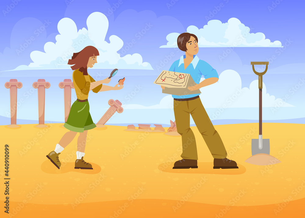 Man and woman in search of treasures. Cartoon vector illustration ...
