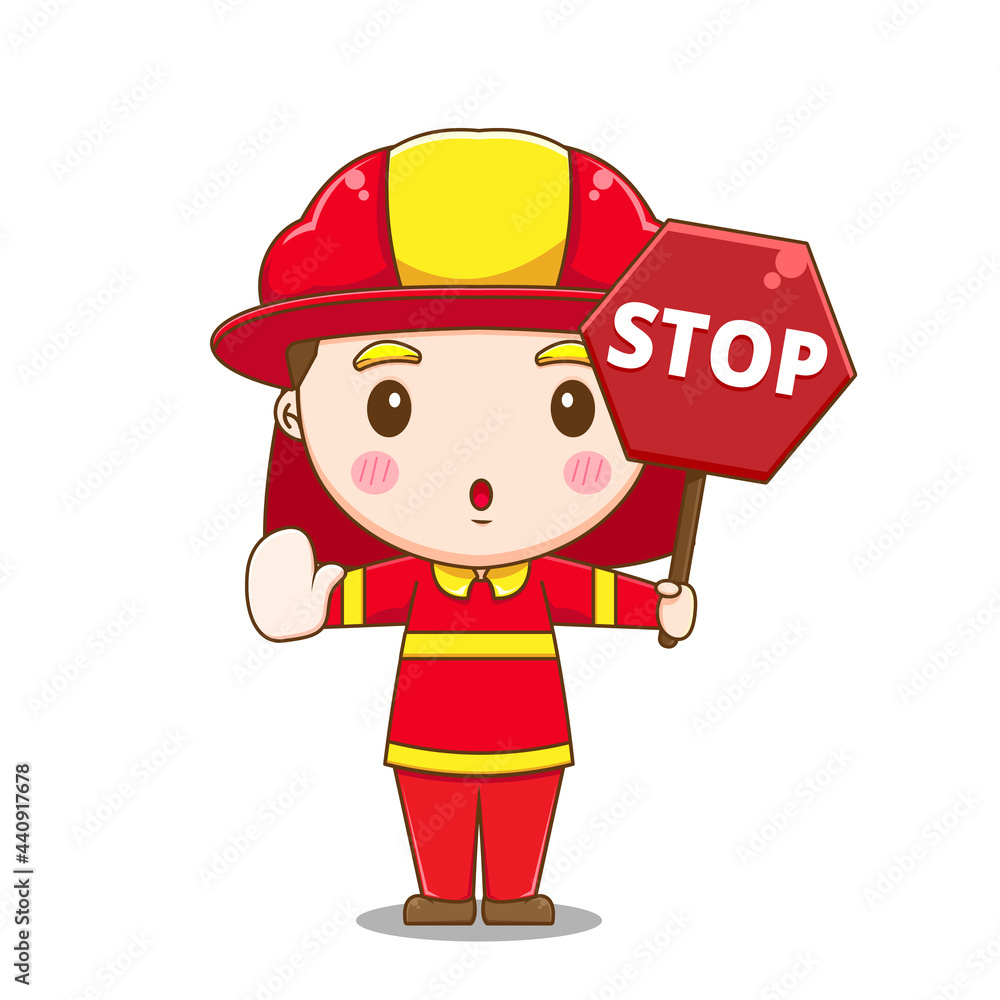 Cartoon illustration of cute fire fighter character holding stop sign ...