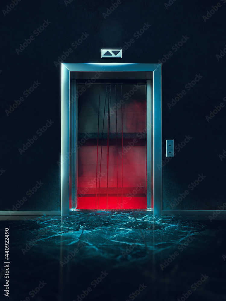 3D Rendering, illustration of an open elevator showing its shaft with a ...