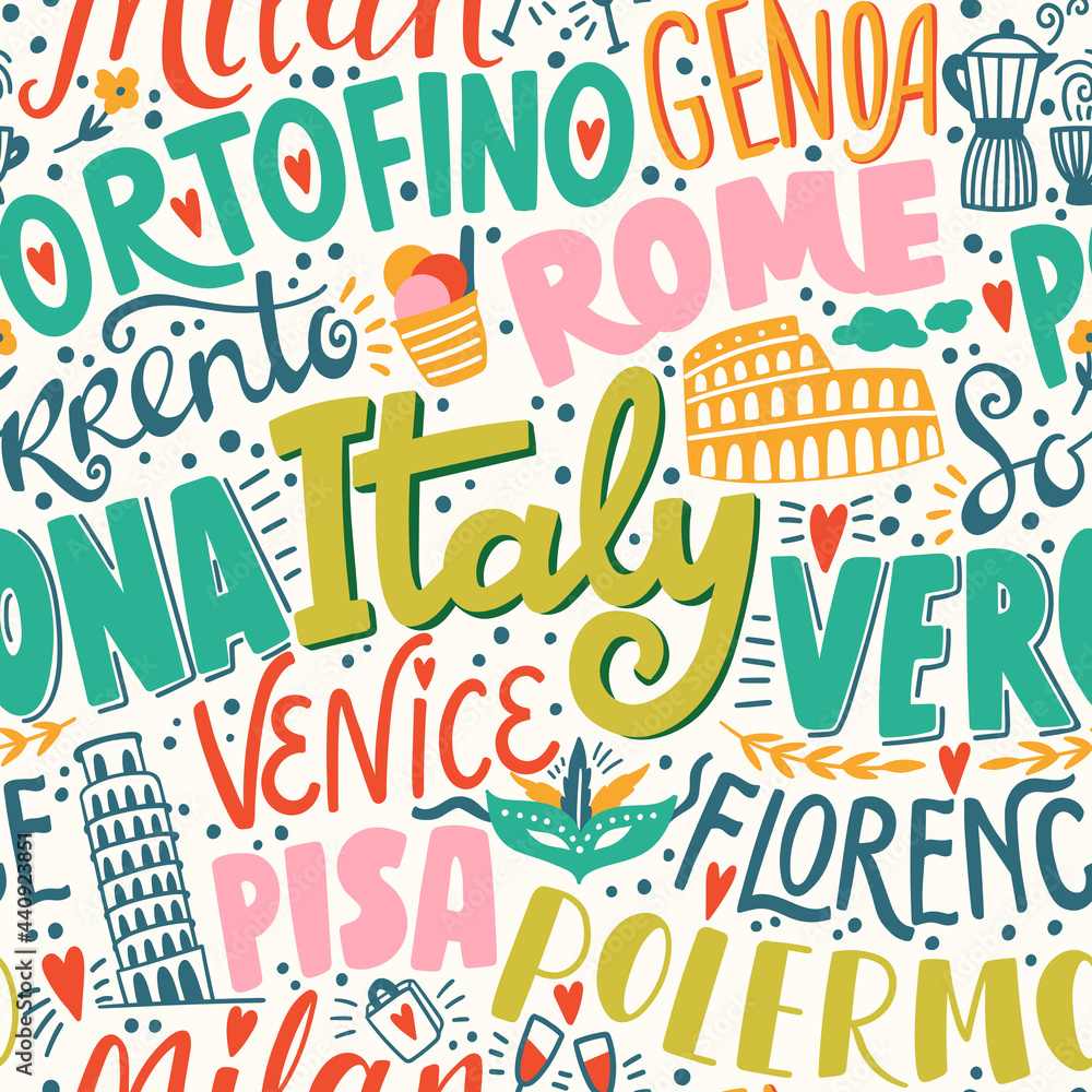 Around the World. ITALY vector lettering seamless pattern. Country and ...