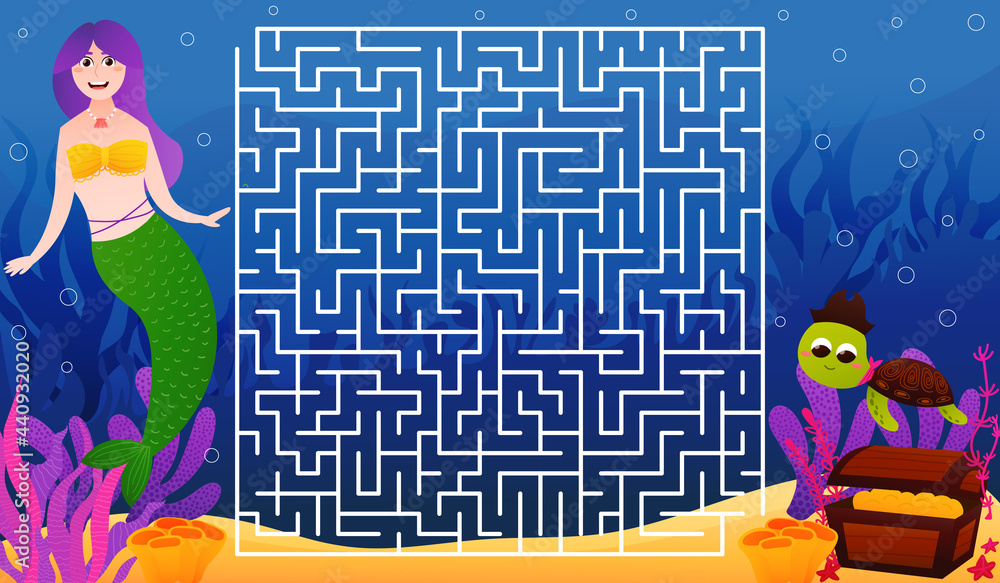 Colourful riddle with mermaid, turtle and chest, underwater themed maze ...