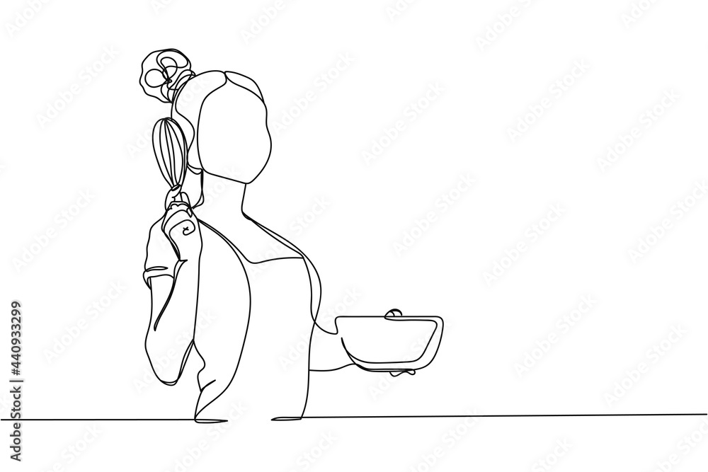 Continuous one line of cook woman in apron with bowl and whisk in ...