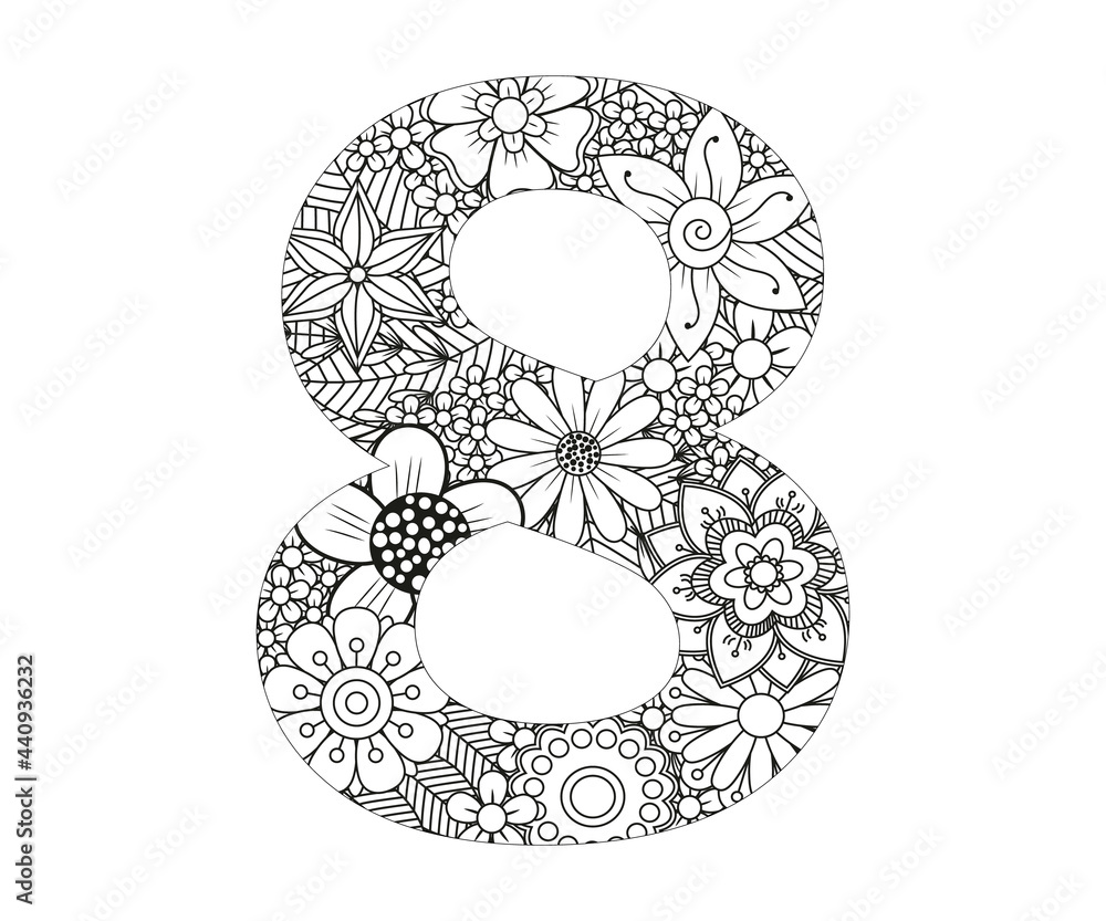 Adult coloring page with number 8. Ornamental font Stock Vector | Adobe ...