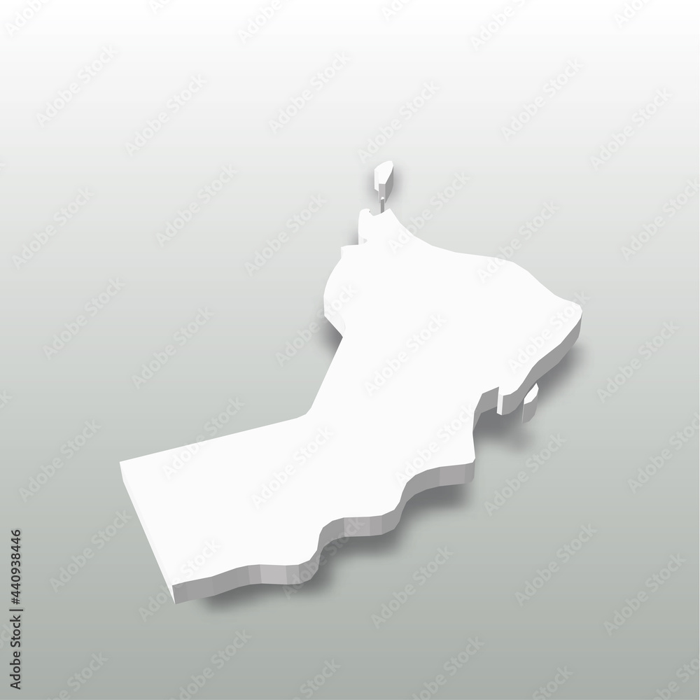 Oman - white 3D silhouette map of country area with dropped shadow on ...