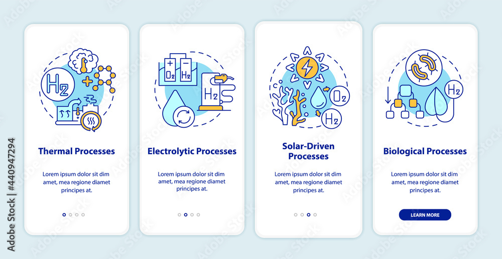 Hydrogen fuel production methods onboarding mobile app page screen ...