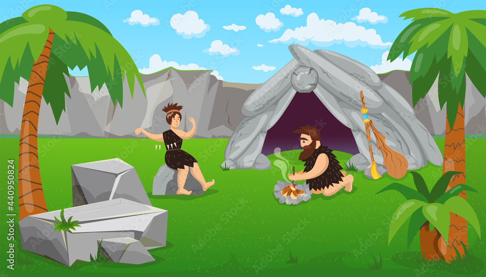 Prehistoric people making fire near cave. Cartoon vector illustration ...