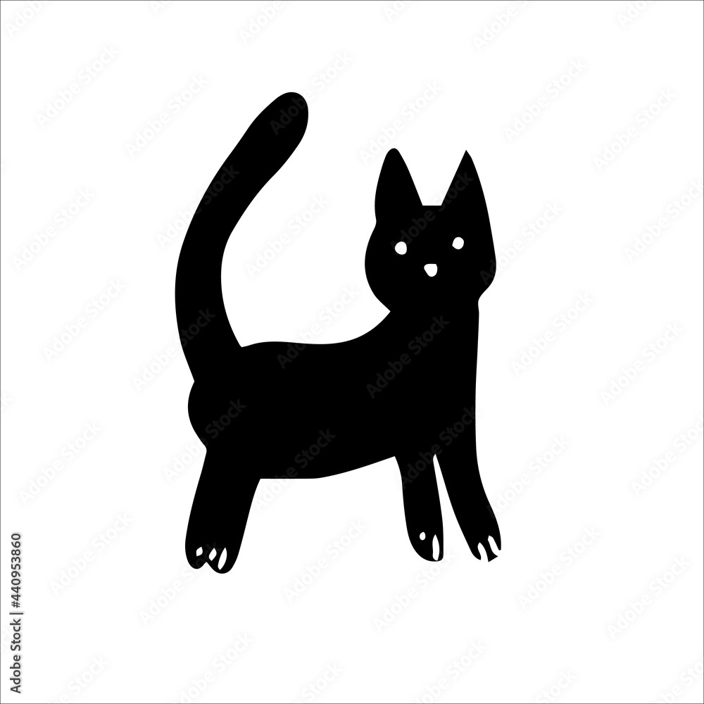 Cartoon black cat drawing. Simple and cute kitten silhouette, Halloween ...