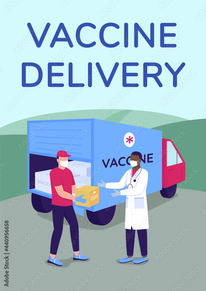 Vaccine delivery poster flat vector template. Covid drug distribution ...