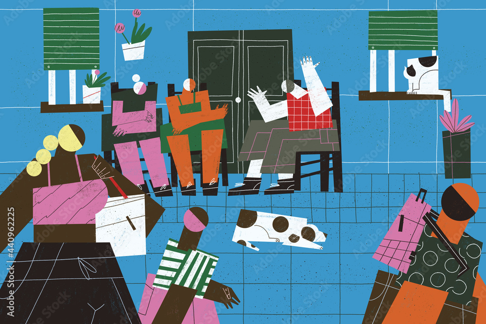 Life in rural areas illustration. People walking through the street ...