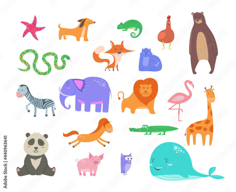 Set of Cute cartoon wild and farm domestic animals and birds isolated ...