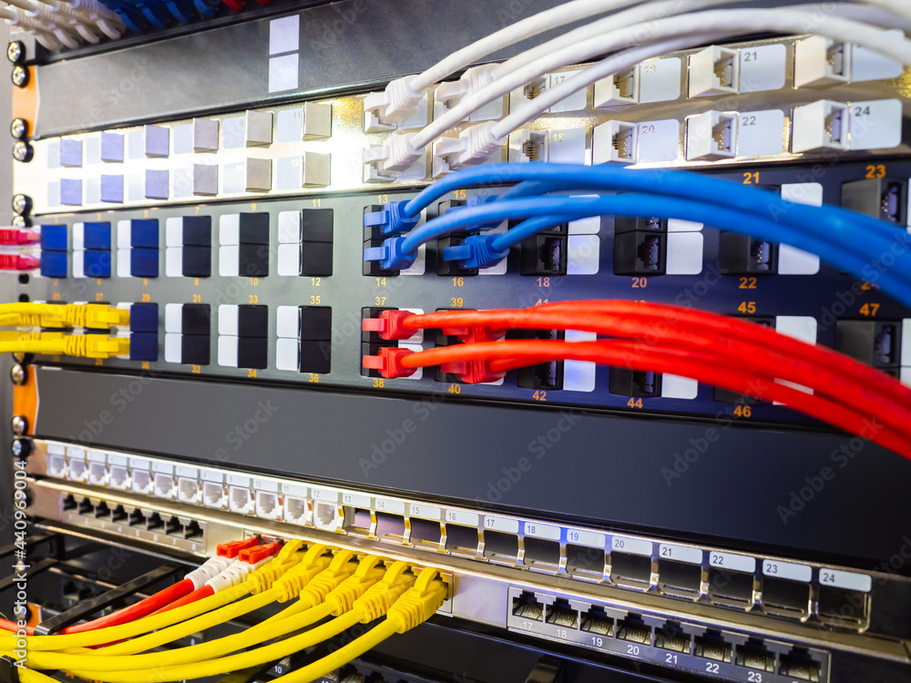 Foto de Telecommunication equipment with colored wires. Bright colorful ...