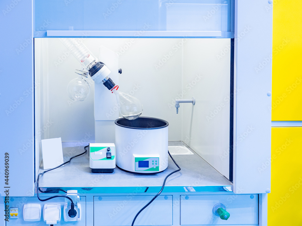 Rotary evaporator in medical laboratory. Laboratory equipment for ...