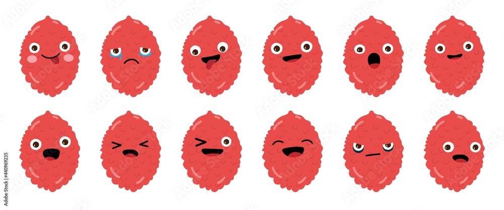 Litchi, lychee cute emoji set. Happy, funny, kawaii fruit faces ...