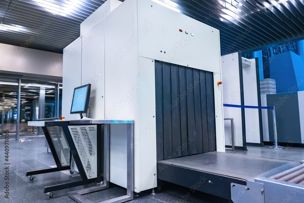 Conveyor for checking baggage at airport. Intrascope at airport ...