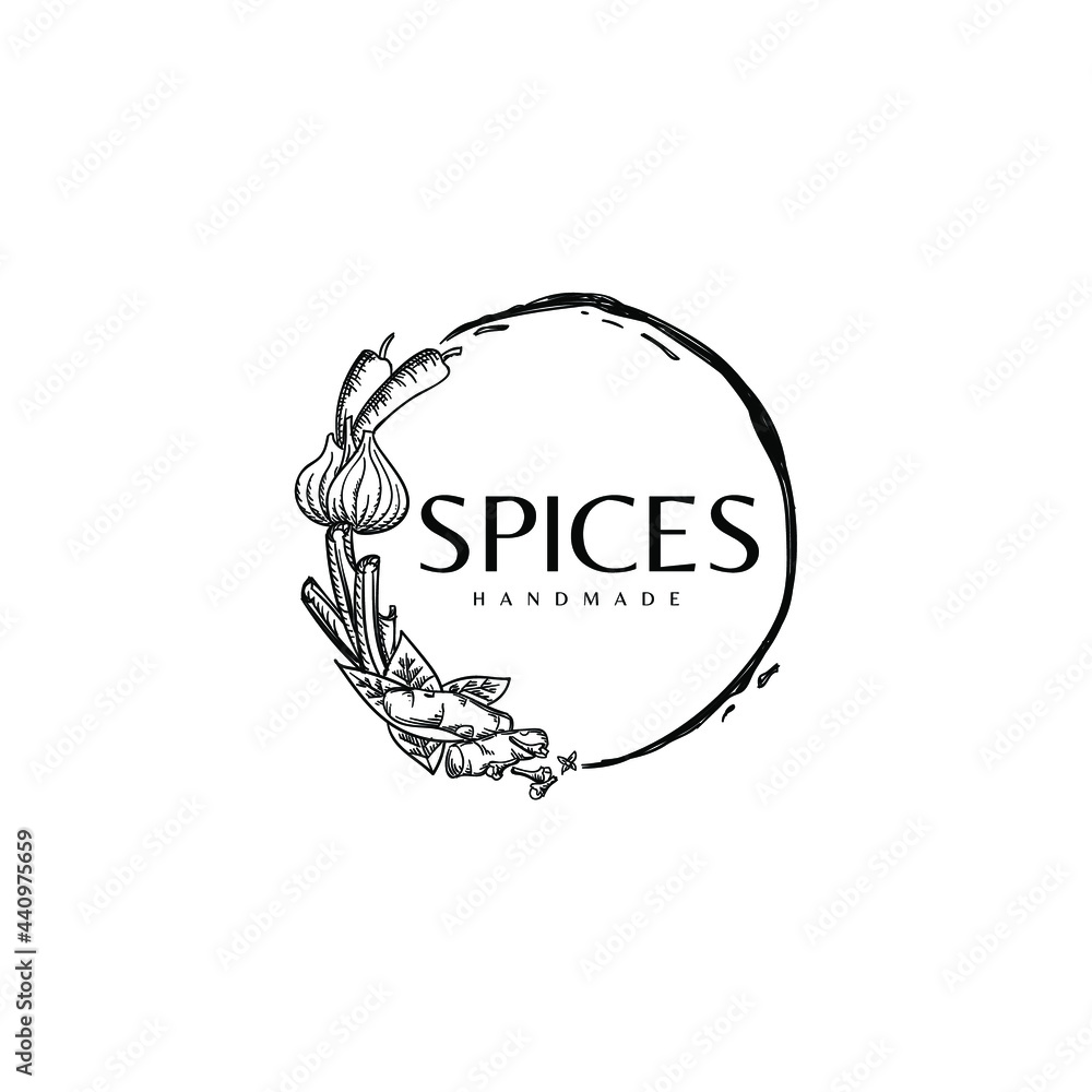 Circle Round Spices with Splash Drawing Vintage Logo Vector ...