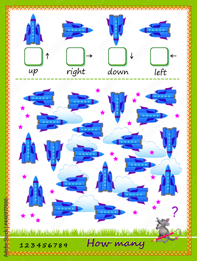 Mathematical education for children. Count quantity of rockets moving ...
