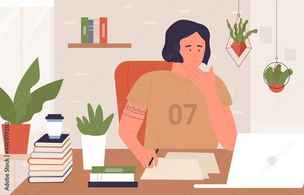 Hard study, prepare for exam test vector illustration. Cartoon sad ...