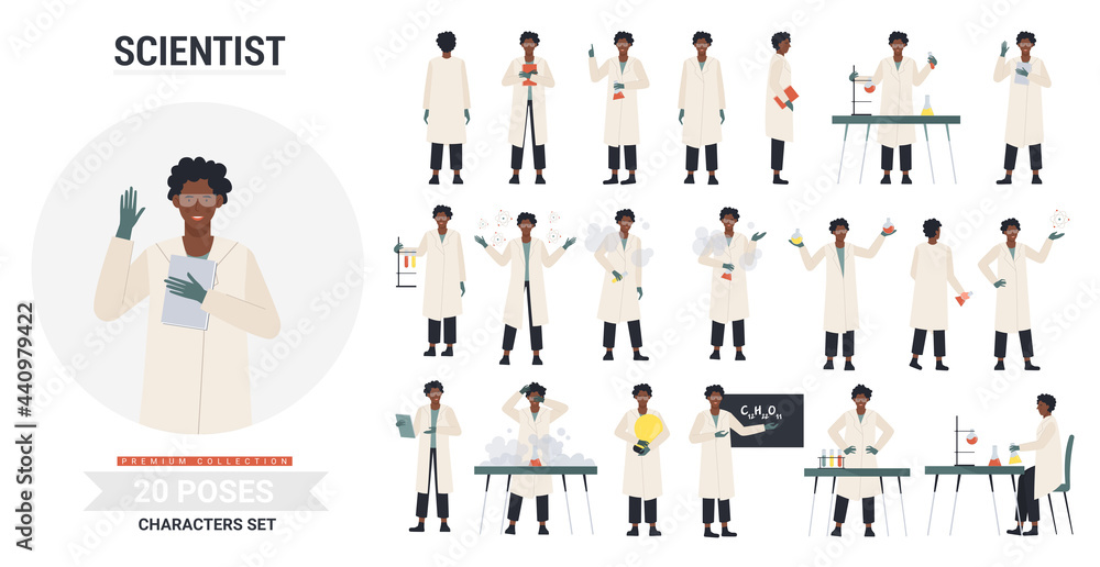 African american black scientist poses vector illustration set. Cartoon ...