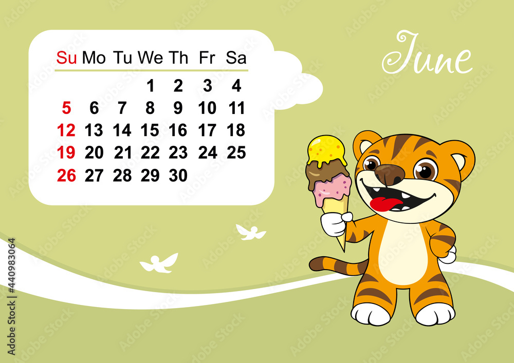 Wall calendar template for June 2022 in Englih. Year of the tiger to ...