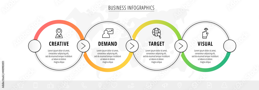 Business vector infographics with four line circles. Timeline ...