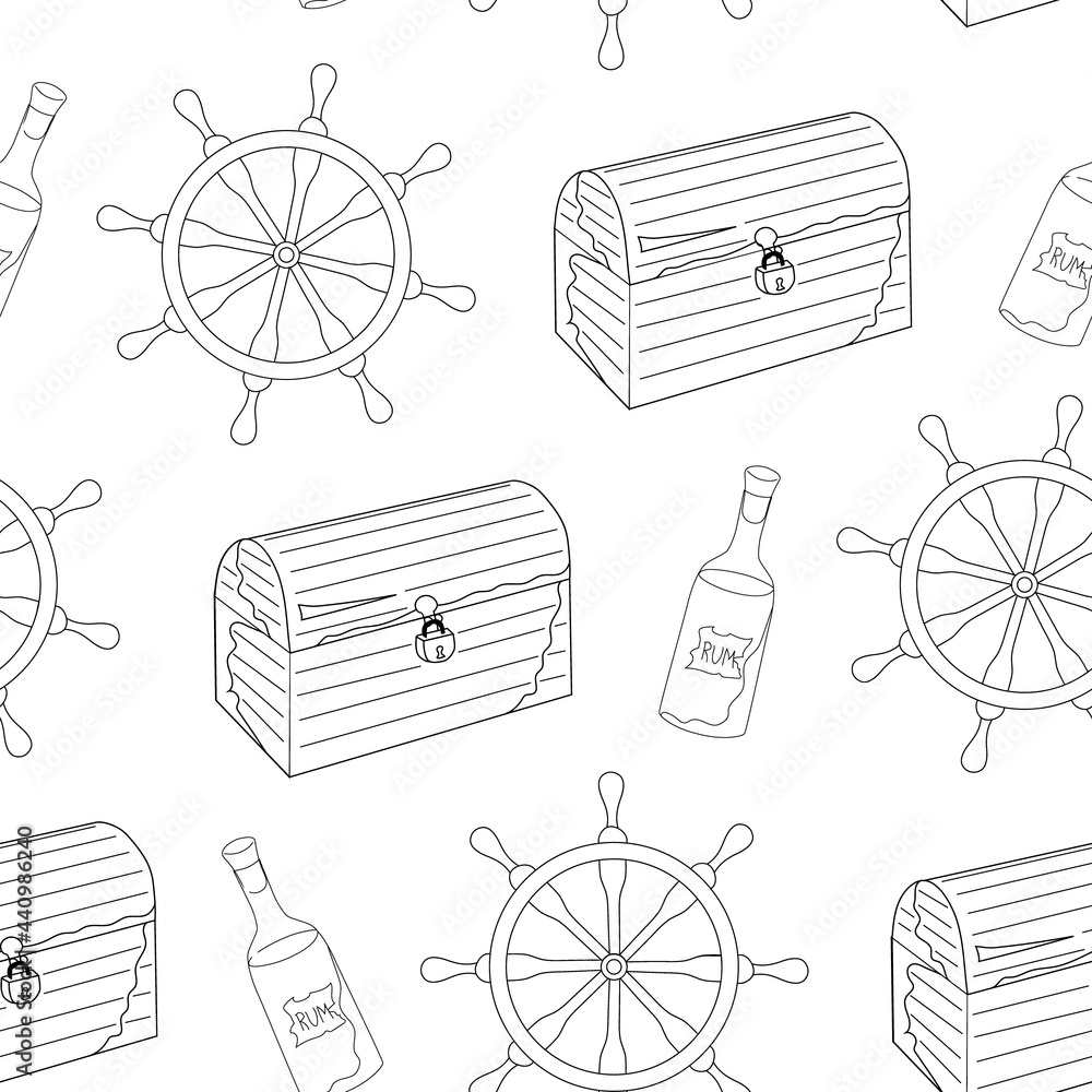 Seamless drawing of a wheel, treasure chest and bottle of rum on a ...