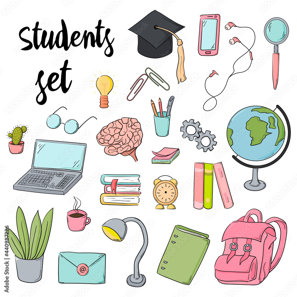 Back to school colorful cute elements. Freehand drawing school items ...