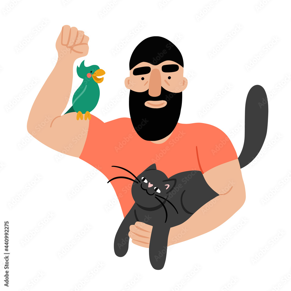 Strong man with beard holding his pets - cat and a parrot, hugging them ...