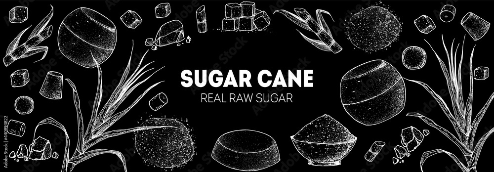 Brown Sugar Organic Unrefined. Sugar cane sketch. Hand drawn vector ...