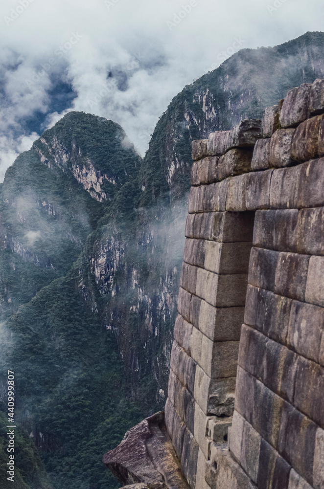 A window, with cloudy sacred valley behind. Ruins and ancient ...