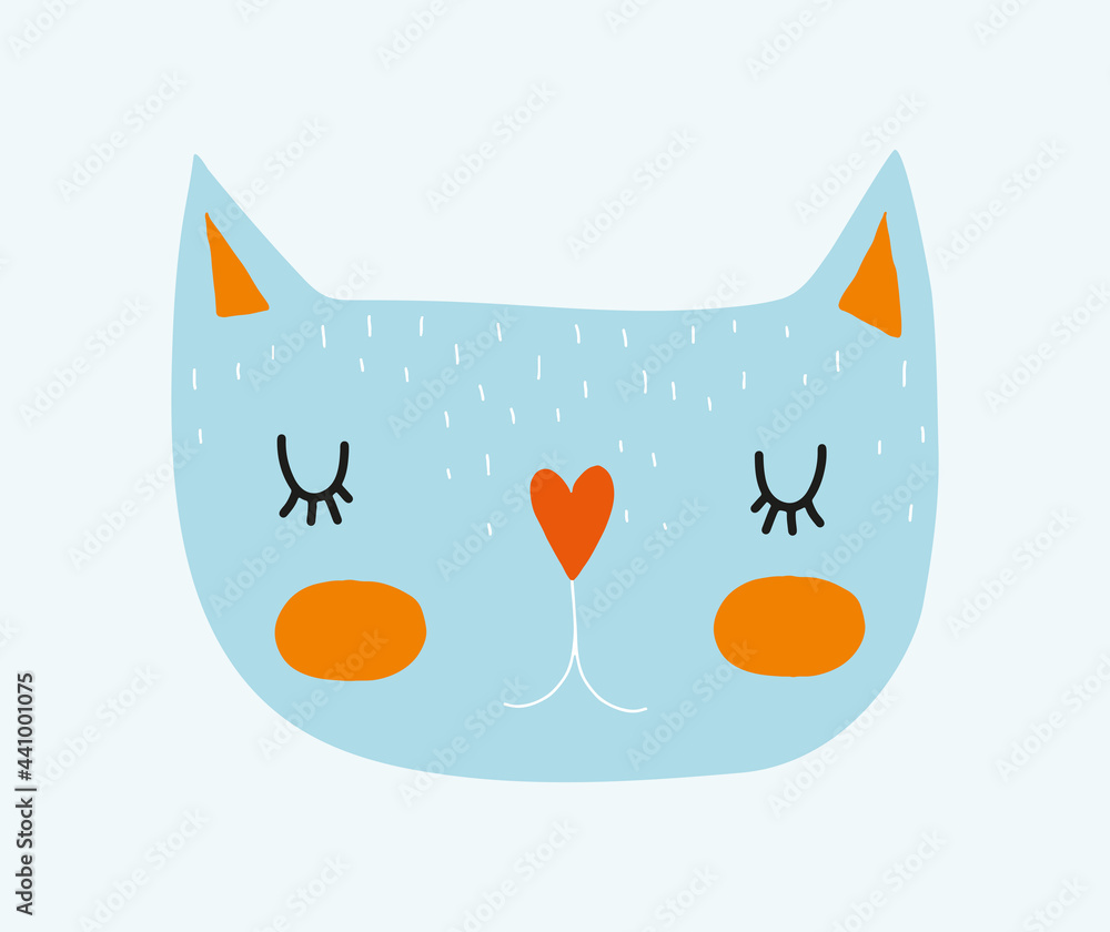 Cute Nursery Vector Art with Lovely Blue Kitty isolated on a Light Blue ...