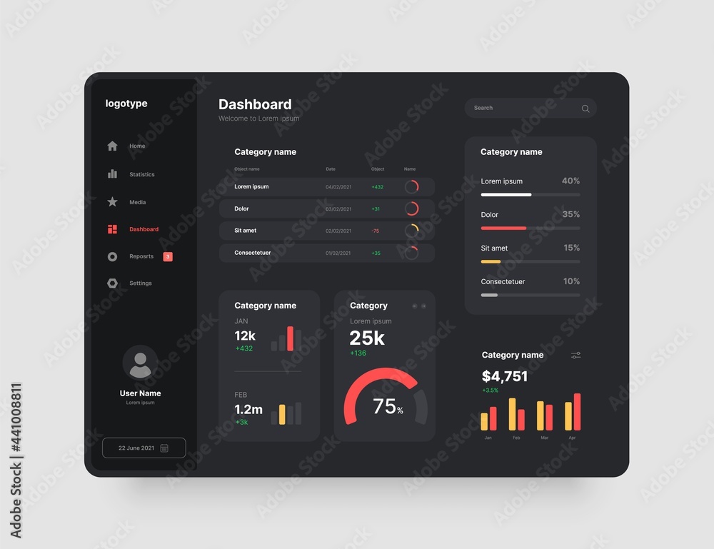Dashboard design in dark colors. App interface with UI and UX elements ...