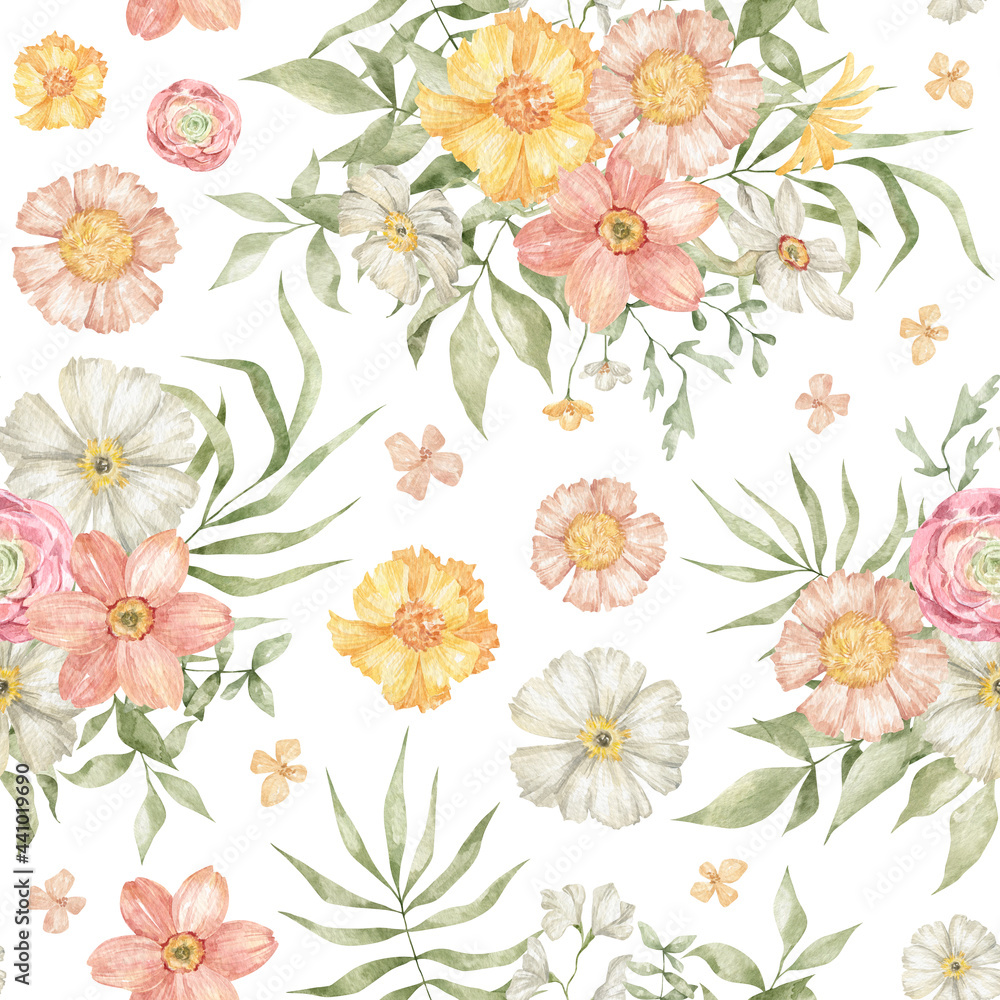 Watercolor seamless pattern with wild summer flowers in pink and yellow ...