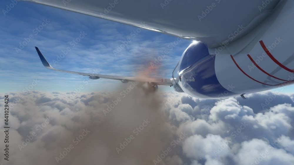 Airplane flying away with fire and smoke in its left engine ...