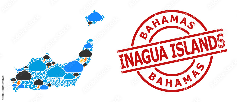 Climate collage map of Inagua Islands, and grunge red round seal ...