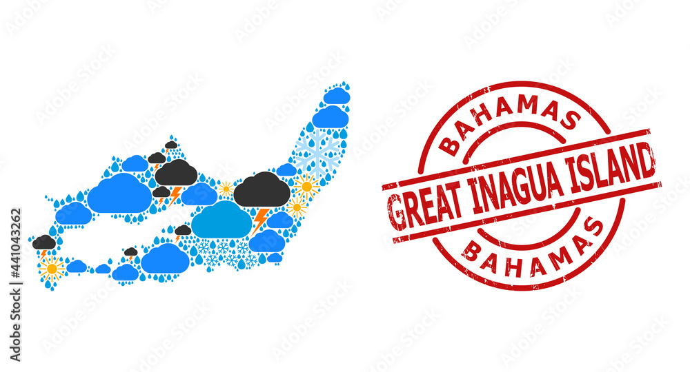 Climate collage map of Great Inagua Island, and textured red round ...