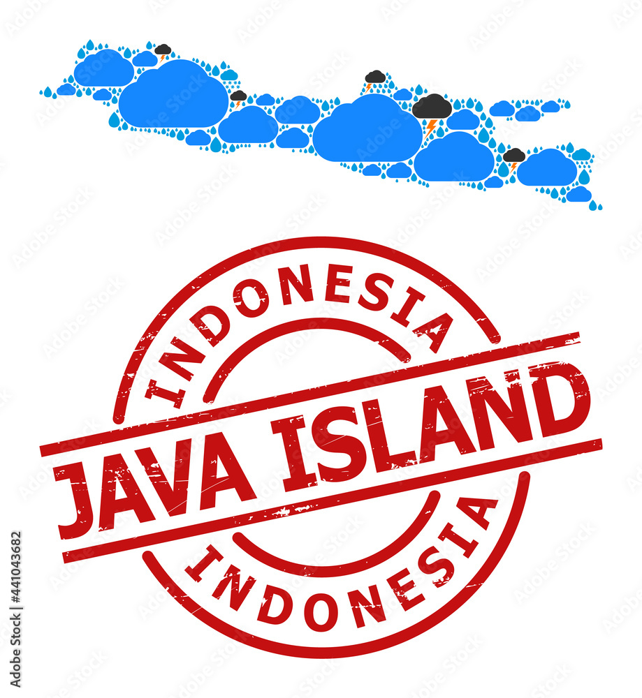 Weather collage map of Java Island, and distress red round badge ...