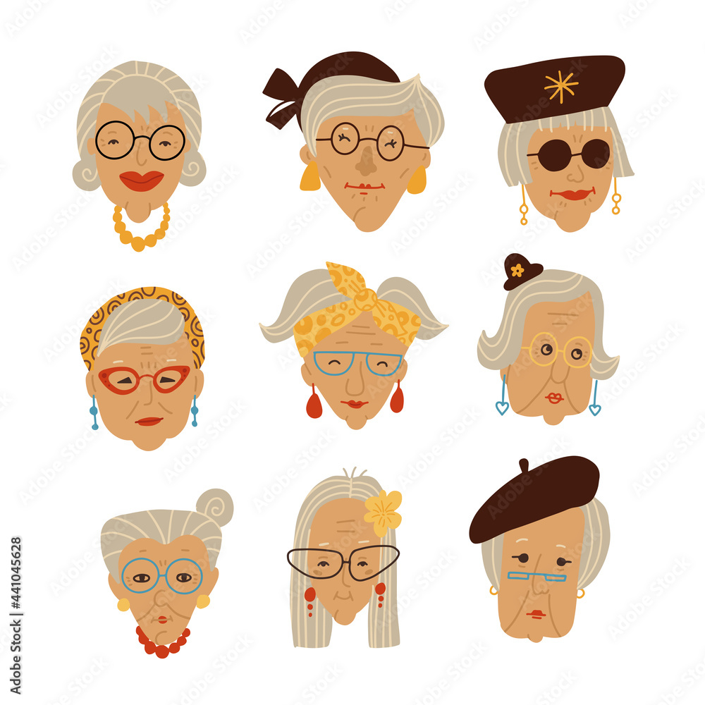 Stylish grandma's faces picture set, Doodle hand drawn vector ...